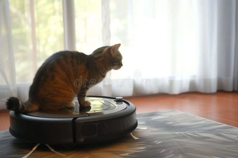 Cat Riding on a Robotic Vacuum Cleaner Across the Floor Stock Photo ...