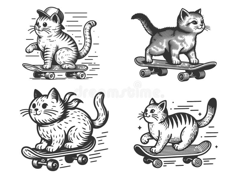 Cat Riding Skateboard Engraving Vector Collection Stock Illustration ...