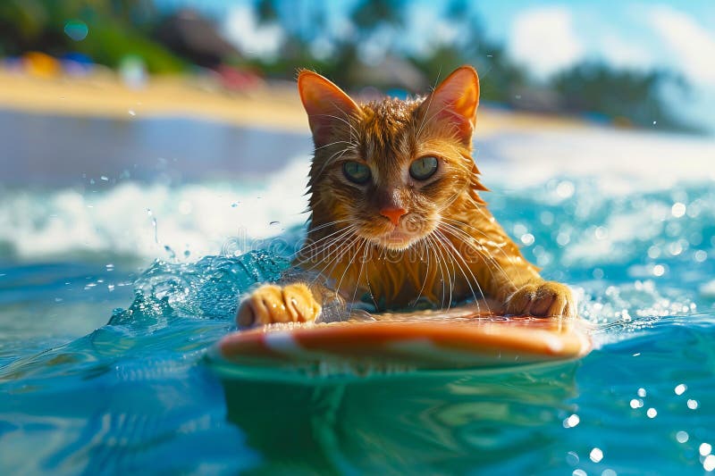 A Cat is Riding a Surfboard in the Ocean Stock Image - Image of paddle ...