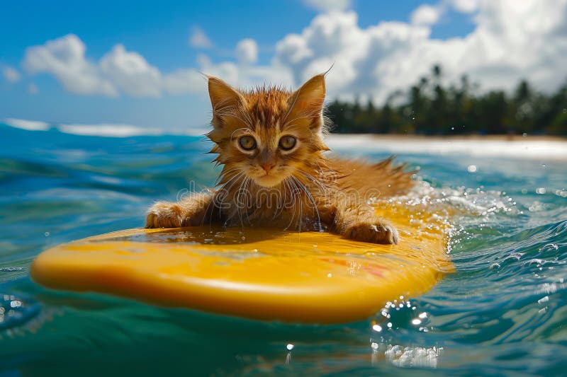 A Cat is Riding on a Surfboard in the Ocean Stock Image - Image of ...