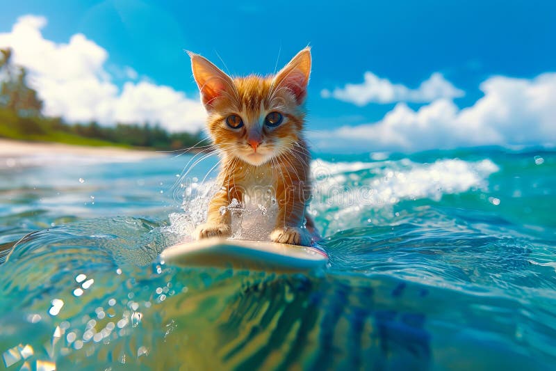 A Cat is Riding a Surfboard in the Ocean Stock Image - Image of ...