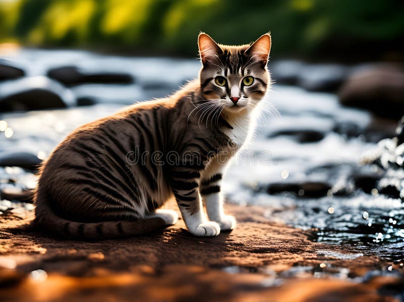 Cat by River in Medium Shot K. Stock Illustration - Illustration of ...