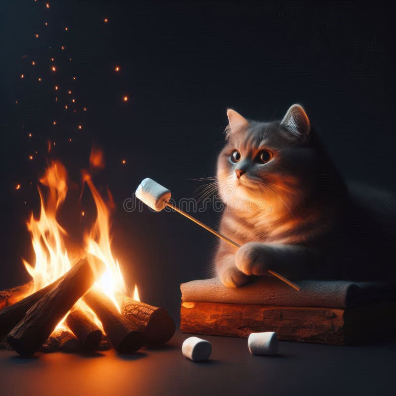 A Cat Roasts Marshmallows Lying Down by the Fire. Stock Photo - Image ...