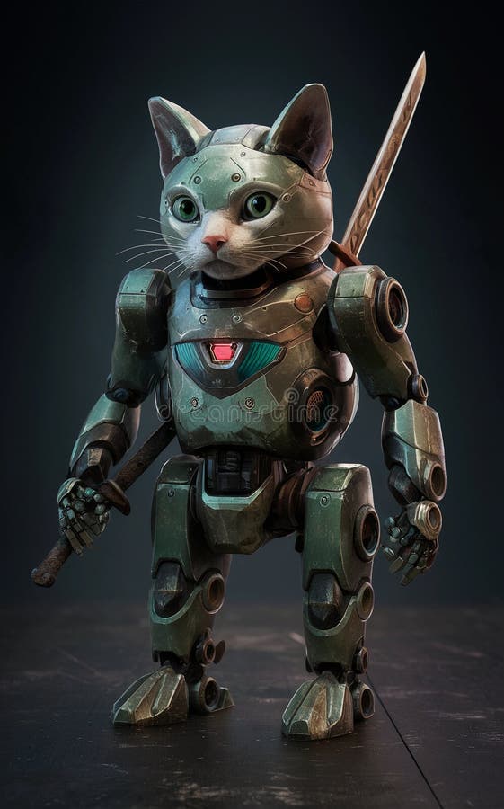 Cat robot holding a sword stock illustration. Illustration of machine ...