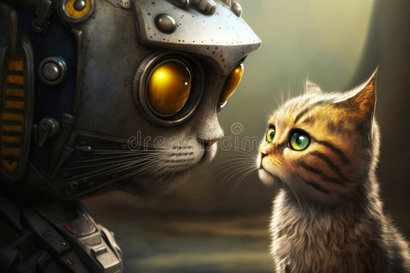 Cat and Robot Looking at Each Other. Generative AI Stock Illustration ...