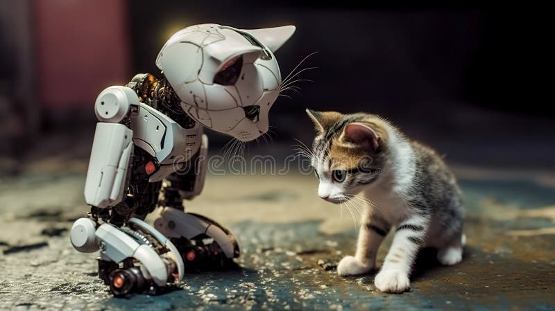 Cat and Robot on the Street, Sci-fi Picture Stock Illustration ...