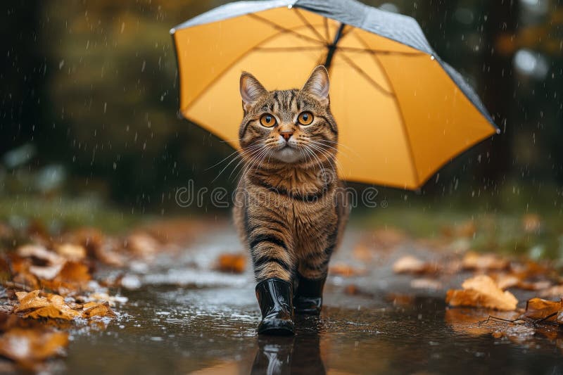 A Cat in Rubber Boots and Carrying an Umbrella Walks in the Rain in the ...