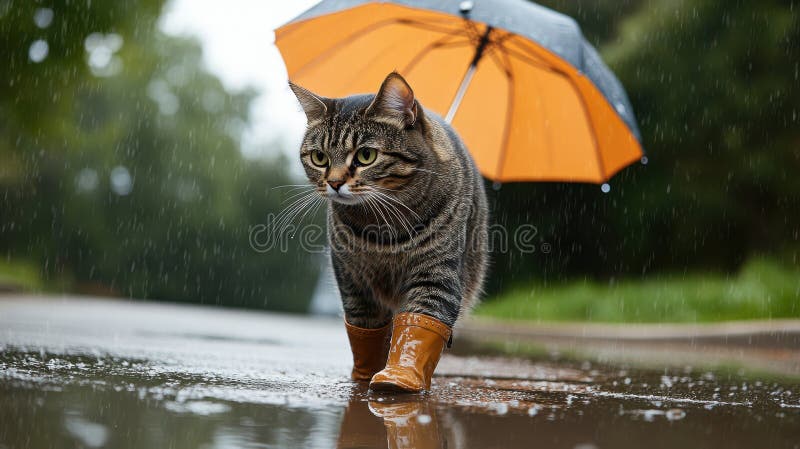 A Cat in Rubber Boots and Carrying an Umbrella Walks in the Rain in the ...