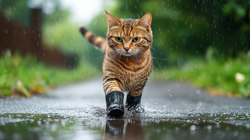 A Cat in Rubber Boots Strolls through the Park in the Summer Rain Stock ...