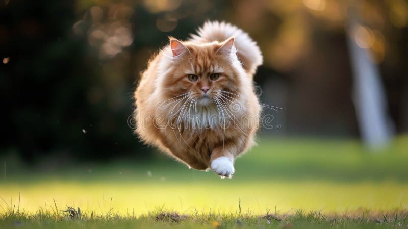 A Cat Running Across a Grassy Field with Its Paws in the Air, AI Stock ...