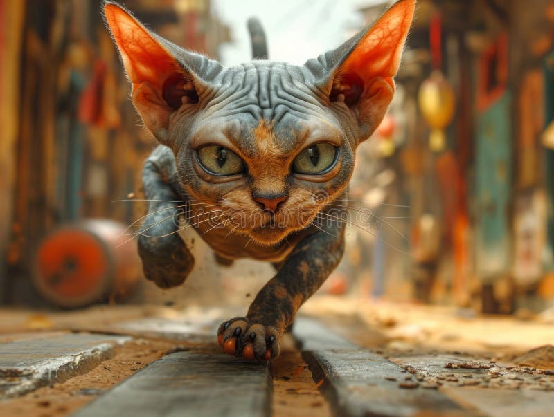 Cat Running Down City Street in Search of Adventure. Stock Image ...