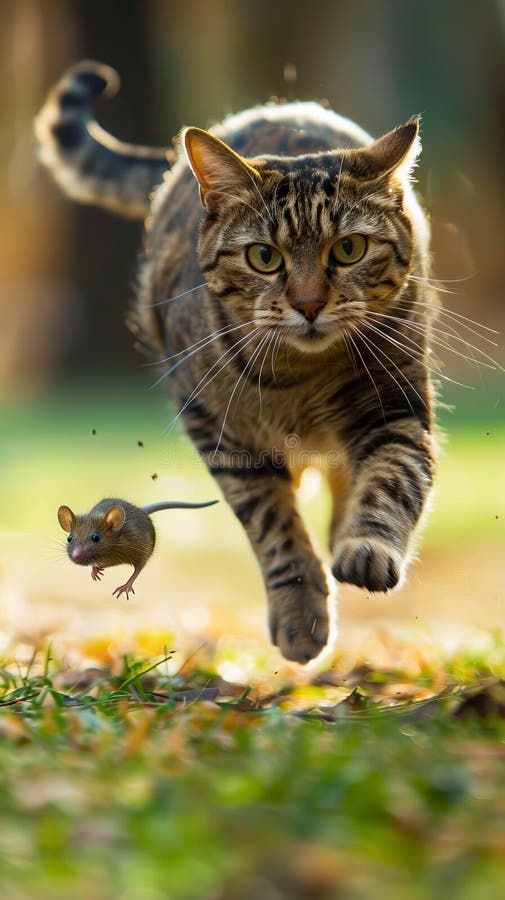 A Cat Running after a Mouse Stock Photo - Image of rodent, animal ...