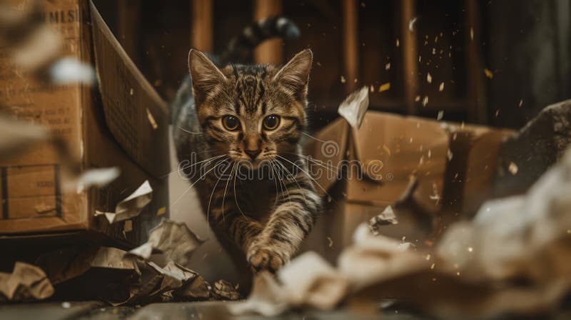 A Cat Running through a Pile of Paper and Cardboard Boxes, AI Stock ...