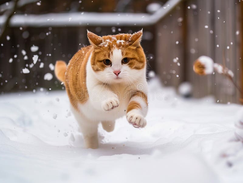 A Cat Running through the Snow in a Backyard Stock Photo - Image of ...