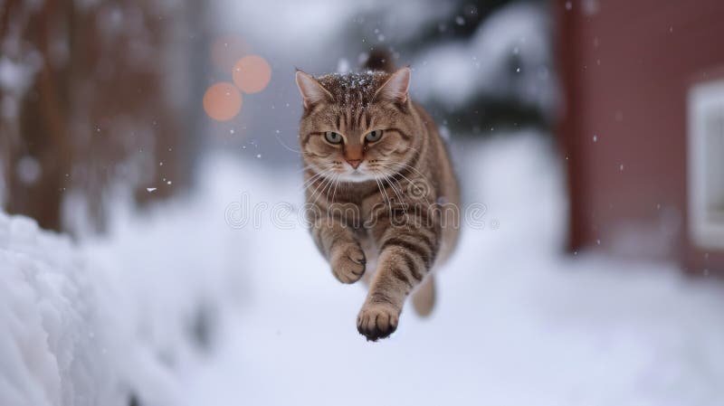 A Cat Running through the Snow in Front of a House, AI Stock Image ...