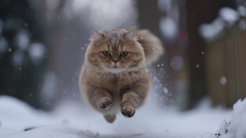 A Cat Running through the Snow in a Park Like Setting, AI Stock Photo ...