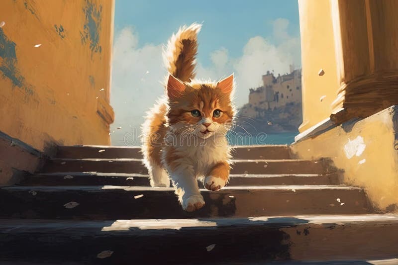 Cat Running on the Stairs. Generative AI Stock Illustration ...
