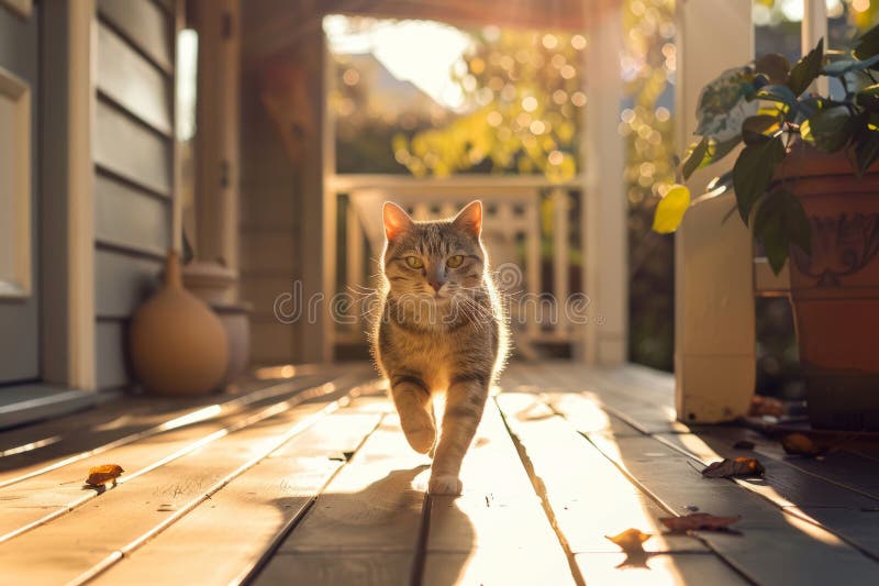Cat Running on a Sunny Front Porch. Generative AI Stock Photo - Image ...