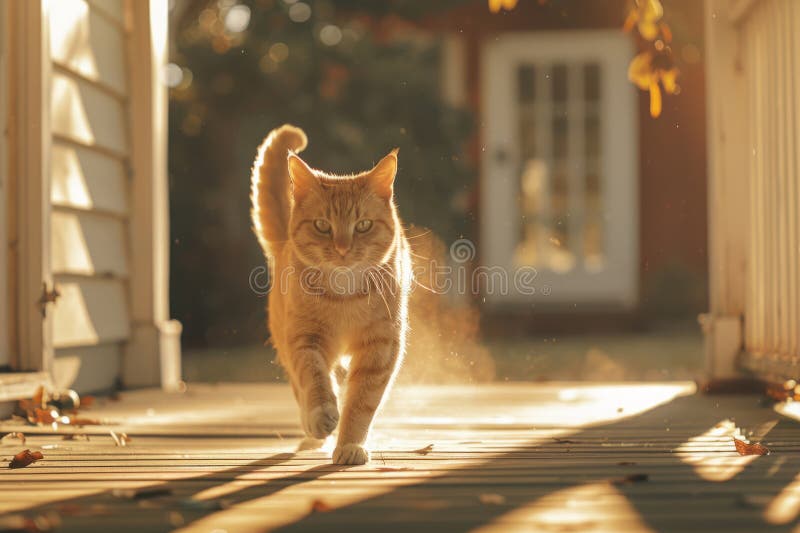 Cat Running on a Sunny Front Porch. Generative AI Stock Photo - Image ...