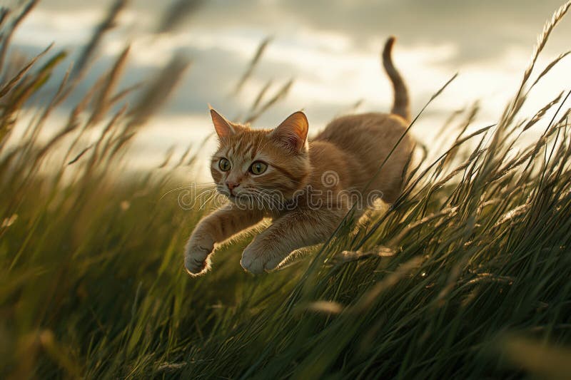 A Cat is Running through Tall Grass Stock Illustration - Illustration ...