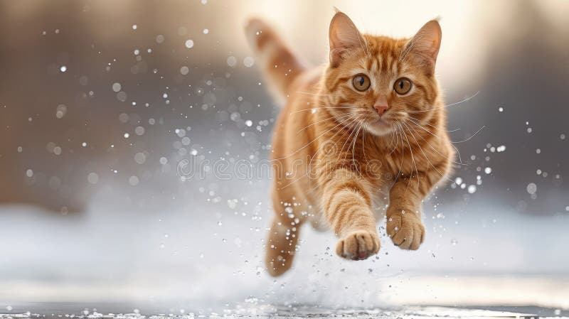 A Cat Running through Water with a Splash of Snow, AI Stock Photo ...