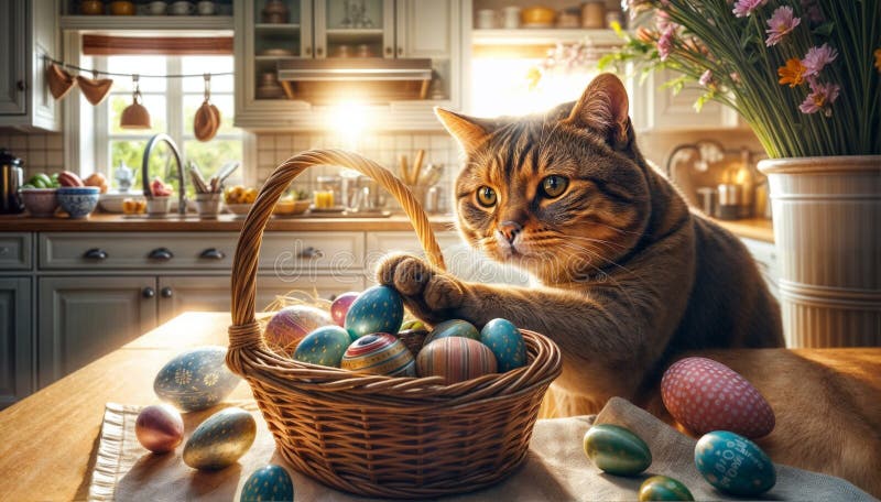 A High-quality Photo Capturing a Cat in the Act of Stealing an Easter ...