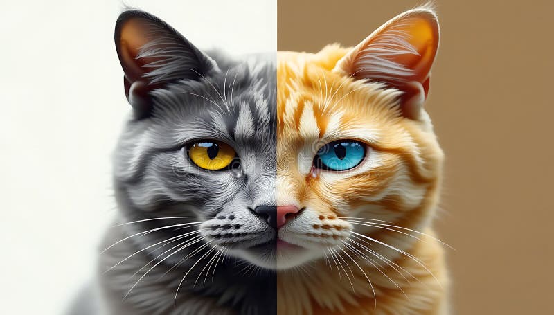 A Cat S Face, Divided Vertically Down the Center. the Left Side of the ...