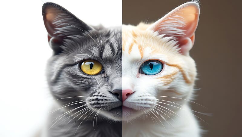 A Cat S Face, Divided Vertically Down the Center. the Left Side of the ...