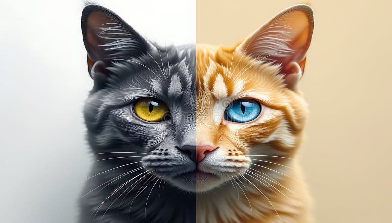 A Cat S Face, Divided Vertically Down the Center. the Left Side of the ...