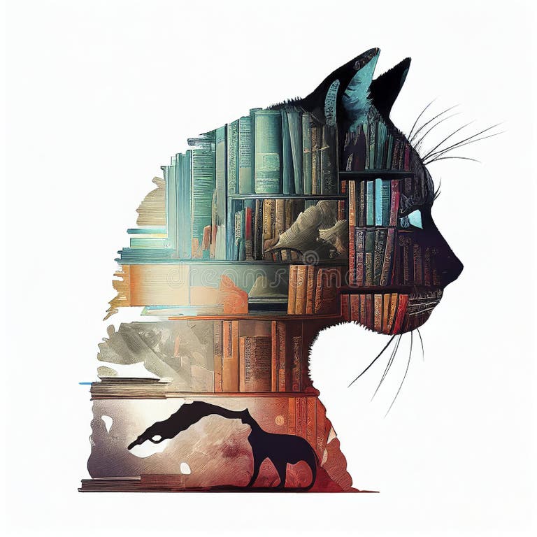A Cat S Head and a Set of Books in a Double Exposure. the Concept of ...