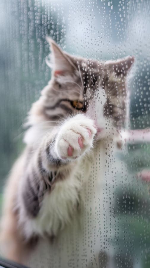 Cat?s Paw Pressing Against Rain-Covered Window, Curious Expression ...
