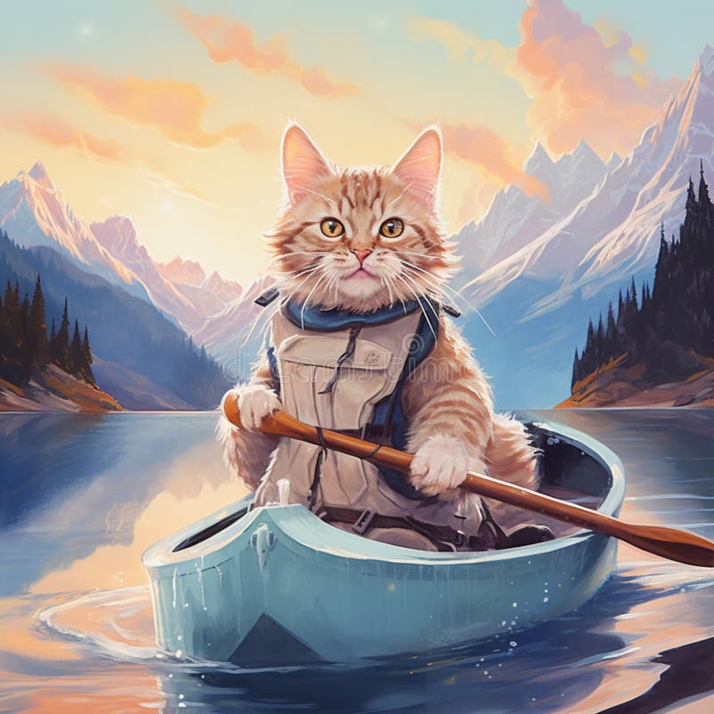Cat Sailing on a Kayak in the Mountains Stock Illustration ...