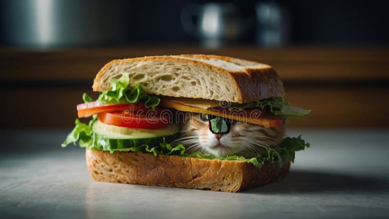Cat Sandwich with Cheese, Tomato, Cucumber and Lettuce on the Table ...