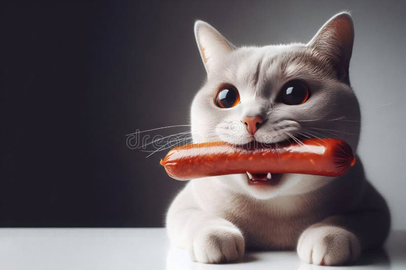 A Cat with a Sausage in Its Teeth. Space for Text. Stock Photo - Image ...