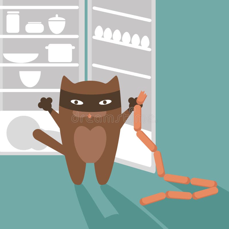 Cat, Sausages and Refrigerator Stock Vector - Illustration of kitten ...