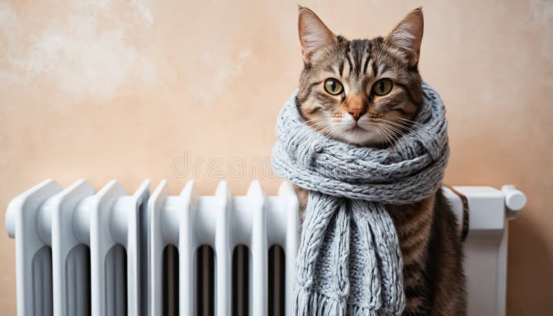 A Cat with a Scarf, she Stands Huddled in Front of the Cold Radiator ...
