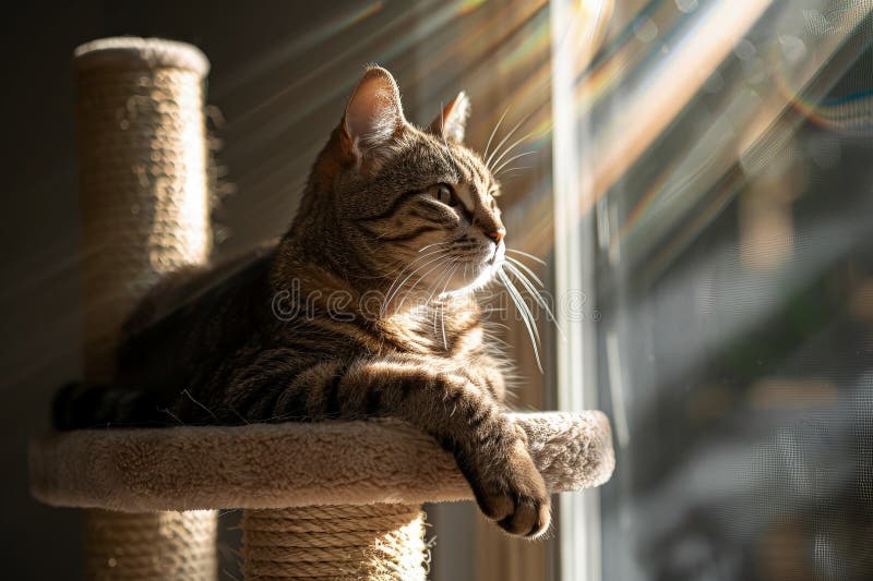 Cat and Scratching Post in the House. Pet in a Cozy Atmosphere. the Cat ...