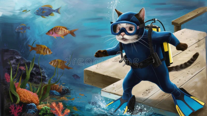 A Cat in Scuba Gear and Diving Mask Standing on a Dock, AI Stock ...
