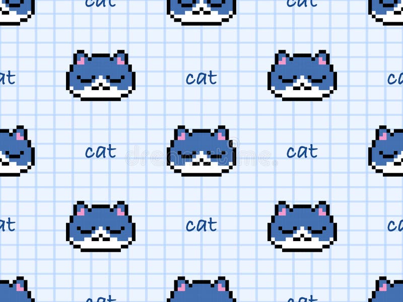 Cat Seamless Pattern on Blue Background. Pixel Style Stock Illustration ...