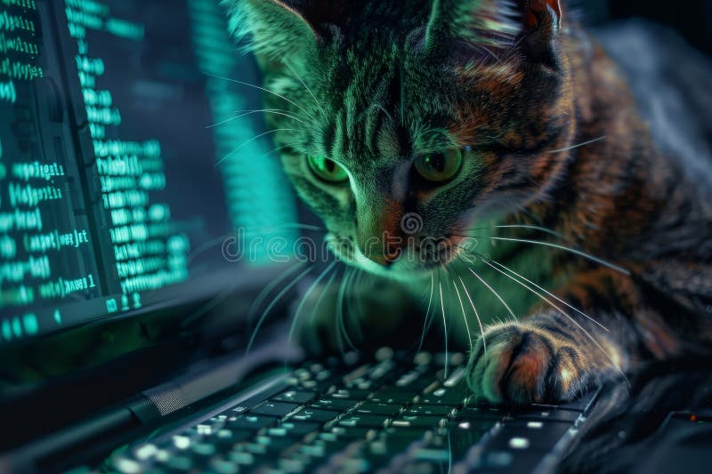 A Cat is Seated Atop a Computer Keyboard, Curiously Observing the Keys ...