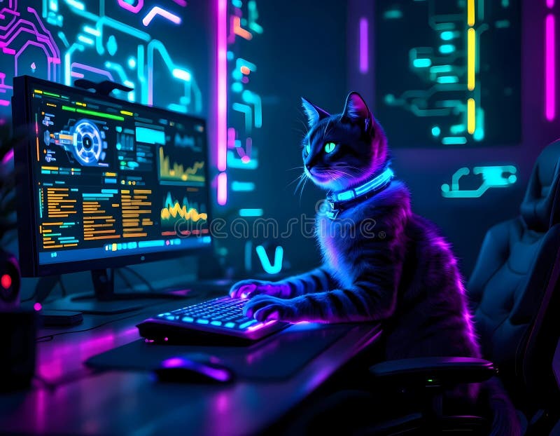 Playful Cat at a Futuristic Computer Setup by AI Generated Stock ...