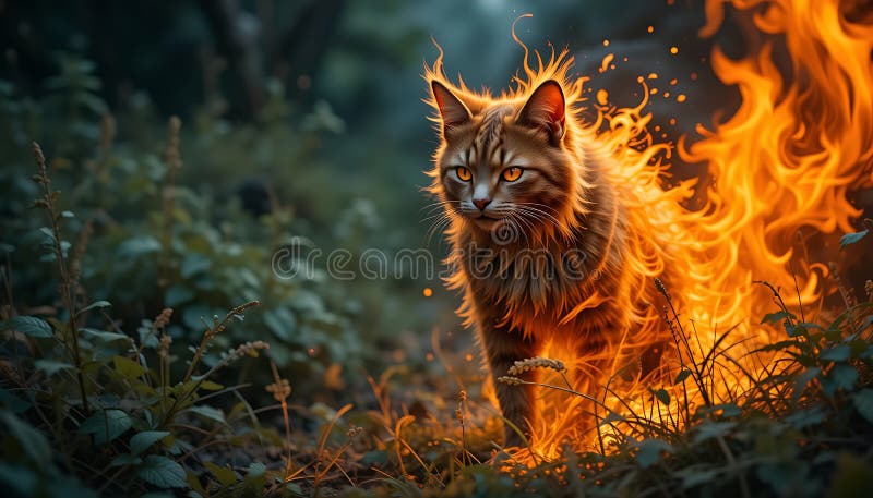 Fiery Cat Walking in Nature Trail with Blazing Fire Aura Stock ...