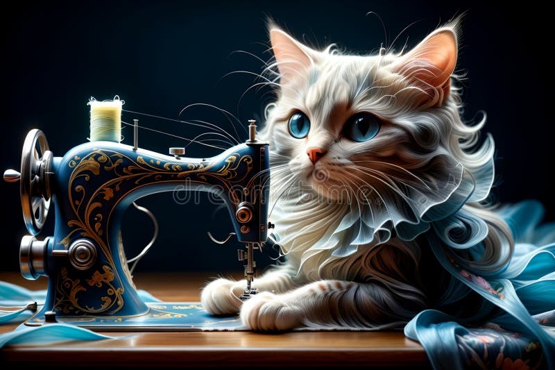 Cat Sews on a Sewing Machine Stock Image - Image of inspiration ...