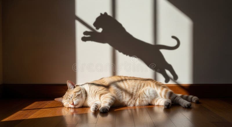 Cat Shadow Meme. Ginger Cat Sleeping on Sunlit Floor with Tiger Shadow ...