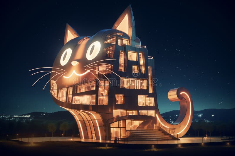 Cat Shape Illuminated Building at Night Illustration Stock Illustration ...