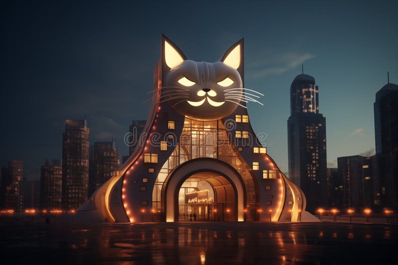Cat Shape Illuminated Building at Night Illustration Stock Illustration ...