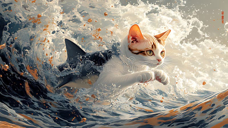Cat Shark Ocean Wave Jump Fantasy Art Stock Illustration - Illustration ...