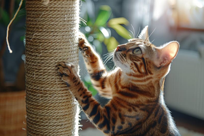 Cat Sharpening Claws on a Scratching Post Stock Photo - Image of home ...