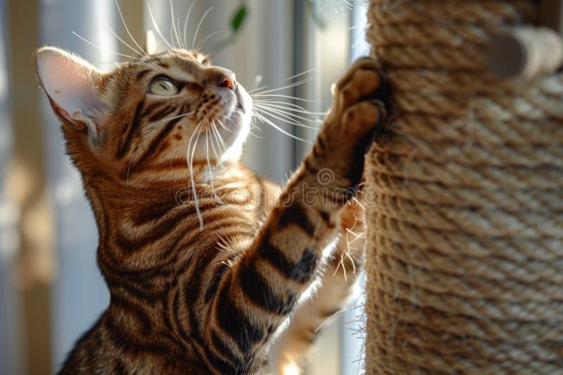 Cat Sharpening Claws on a Scratching Post Stock Image - Image of feline ...