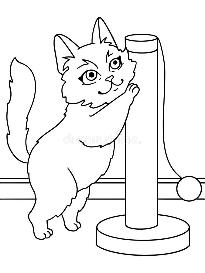 The Cat Sharpens Its Claws on the Scratching Post. Vector Coloring ...